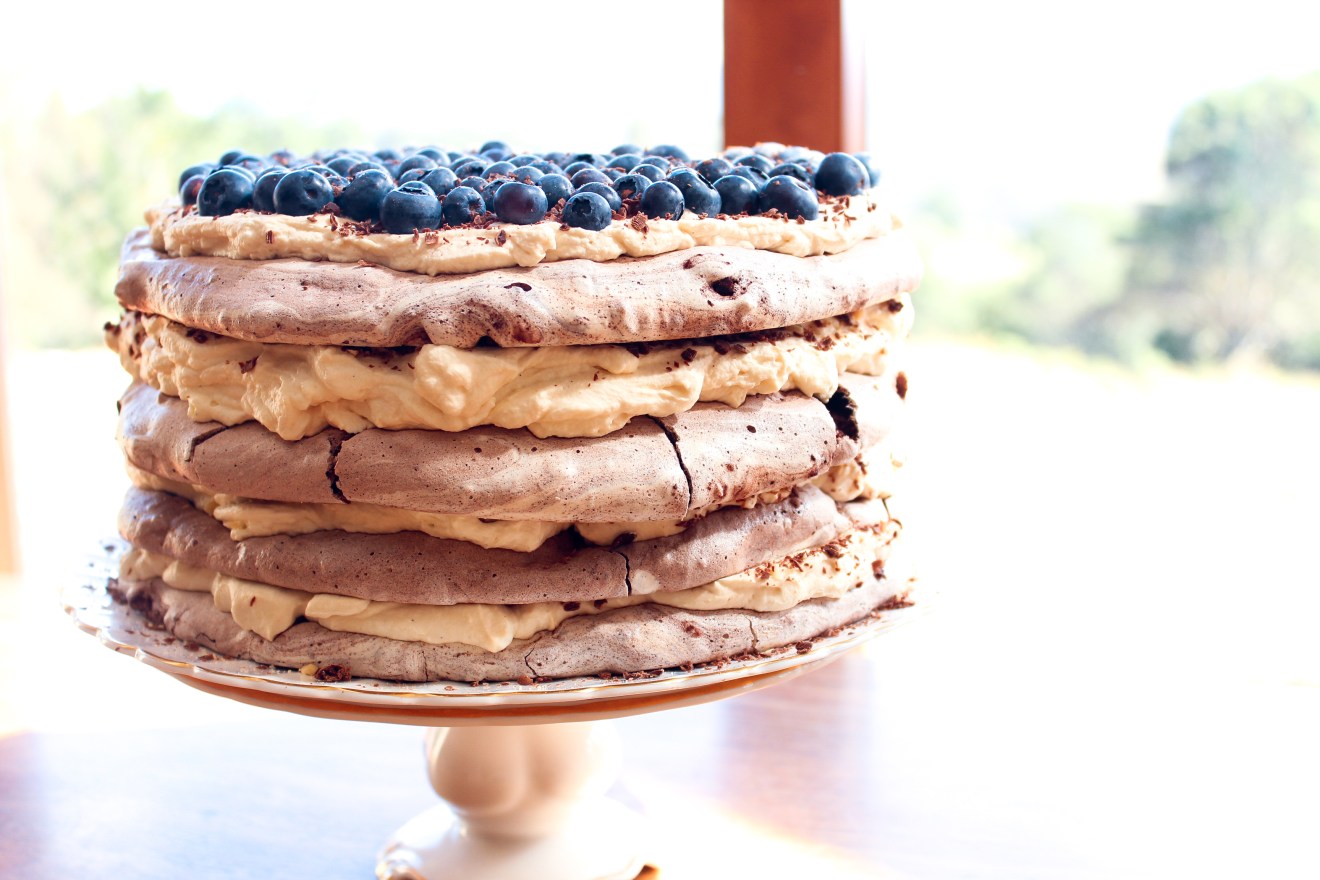 Blueberry and Almond Chocolate Meringue Torte with Coffee Cream | one ...